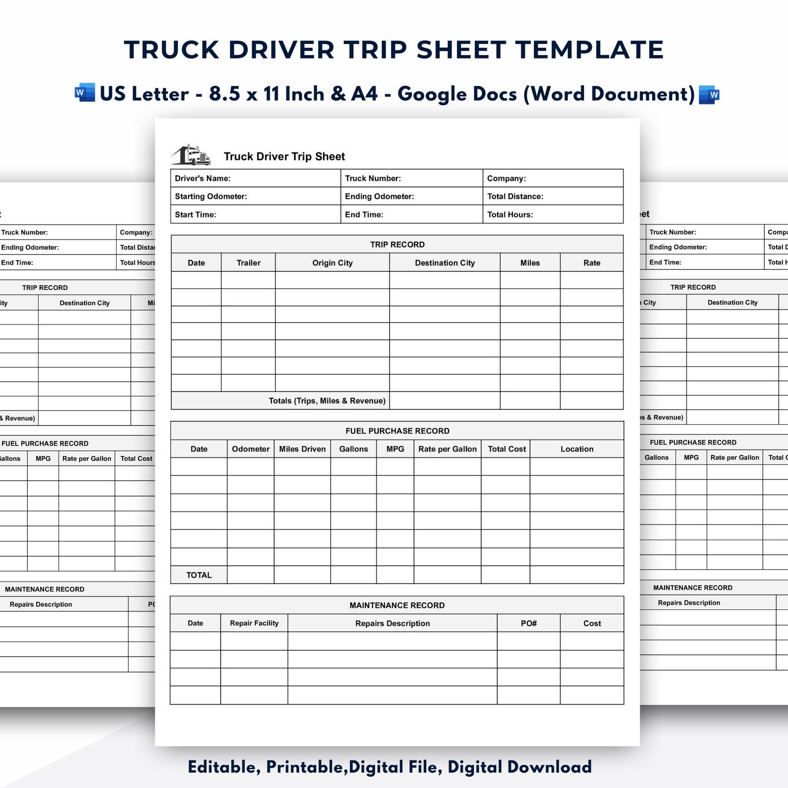 Truck Driver Trip Sheet, Editable and Printable Template, Google Docs ...