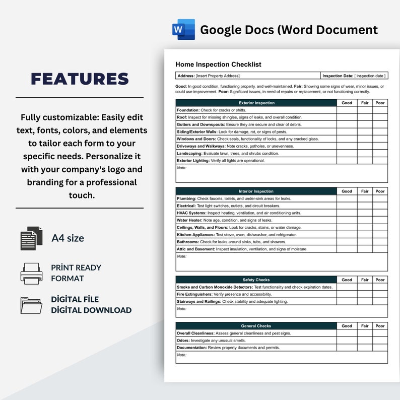 Home Inspection Checklist Template, Google Docs (word Document) - Etsy