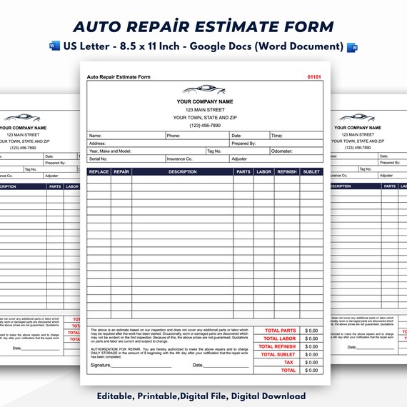 Estimate Vehicle Forms Downloadable Florida Approved Auto Form