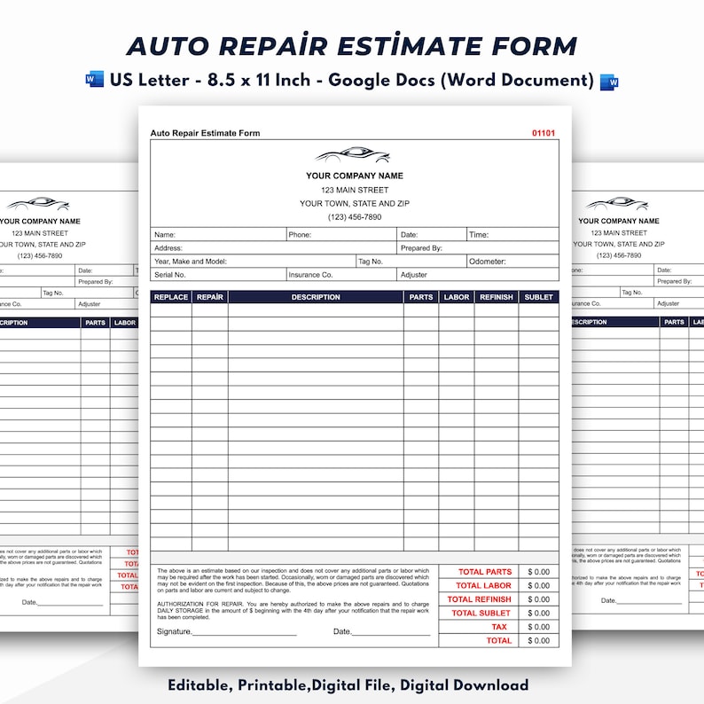 Auto Repair Estimate Form Template: Google Docs, Word (digital Download ...