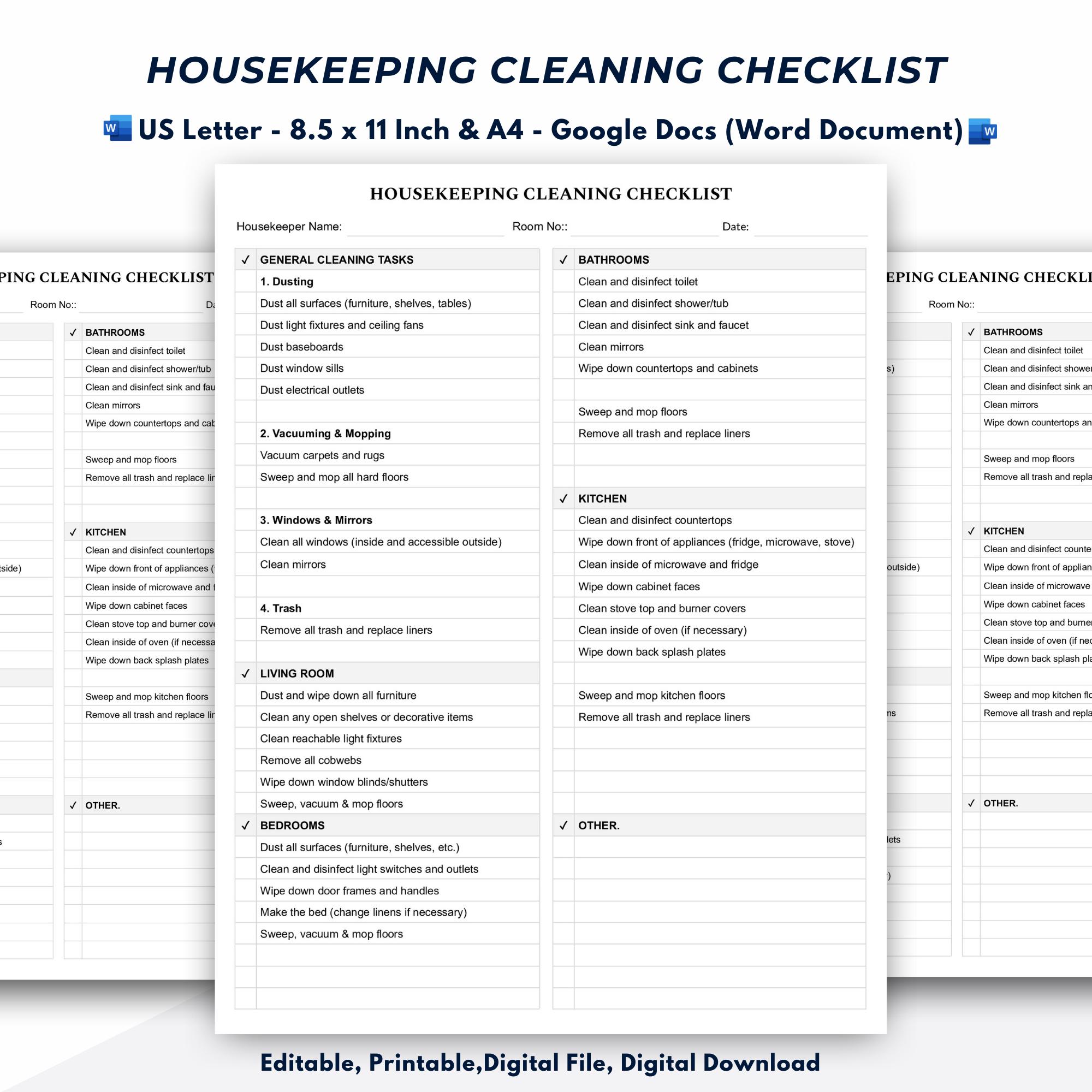 Housekeeping Cleaning Checklist Template, Editable & Printable Design ...