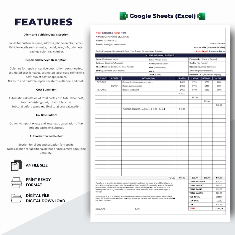 Auto Repair Estimate Template: Excel & Google Sheets (digital Download ...