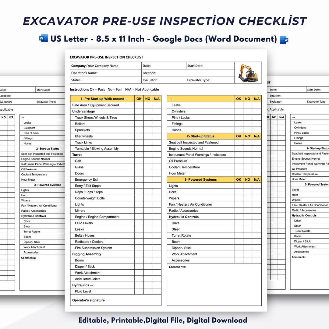 Excavator Pre-use Inspection Checklist Template (google Docs/word ...