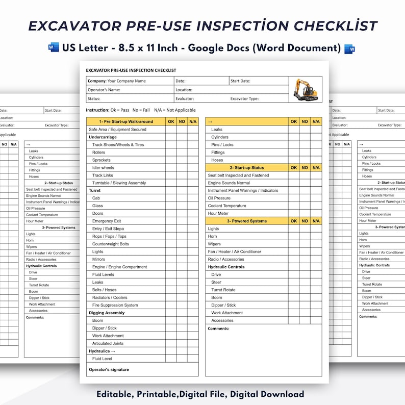 Excavator Pre-use Inspection Checklist Template (google Docs/word ...