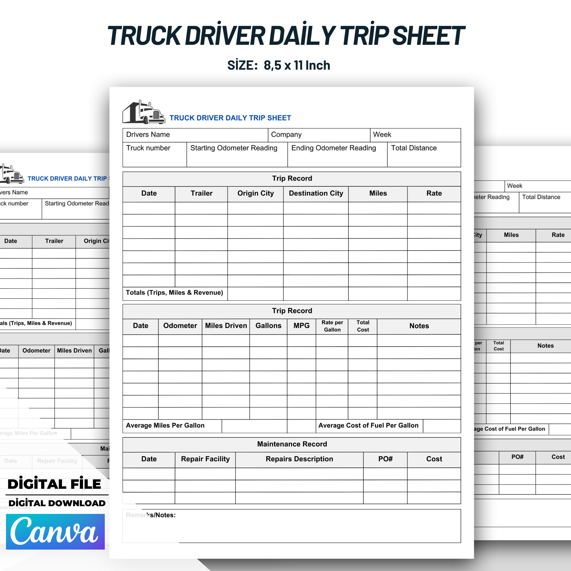 Truck Driver Daily Trip Sheet Template Digital Download - Etsy