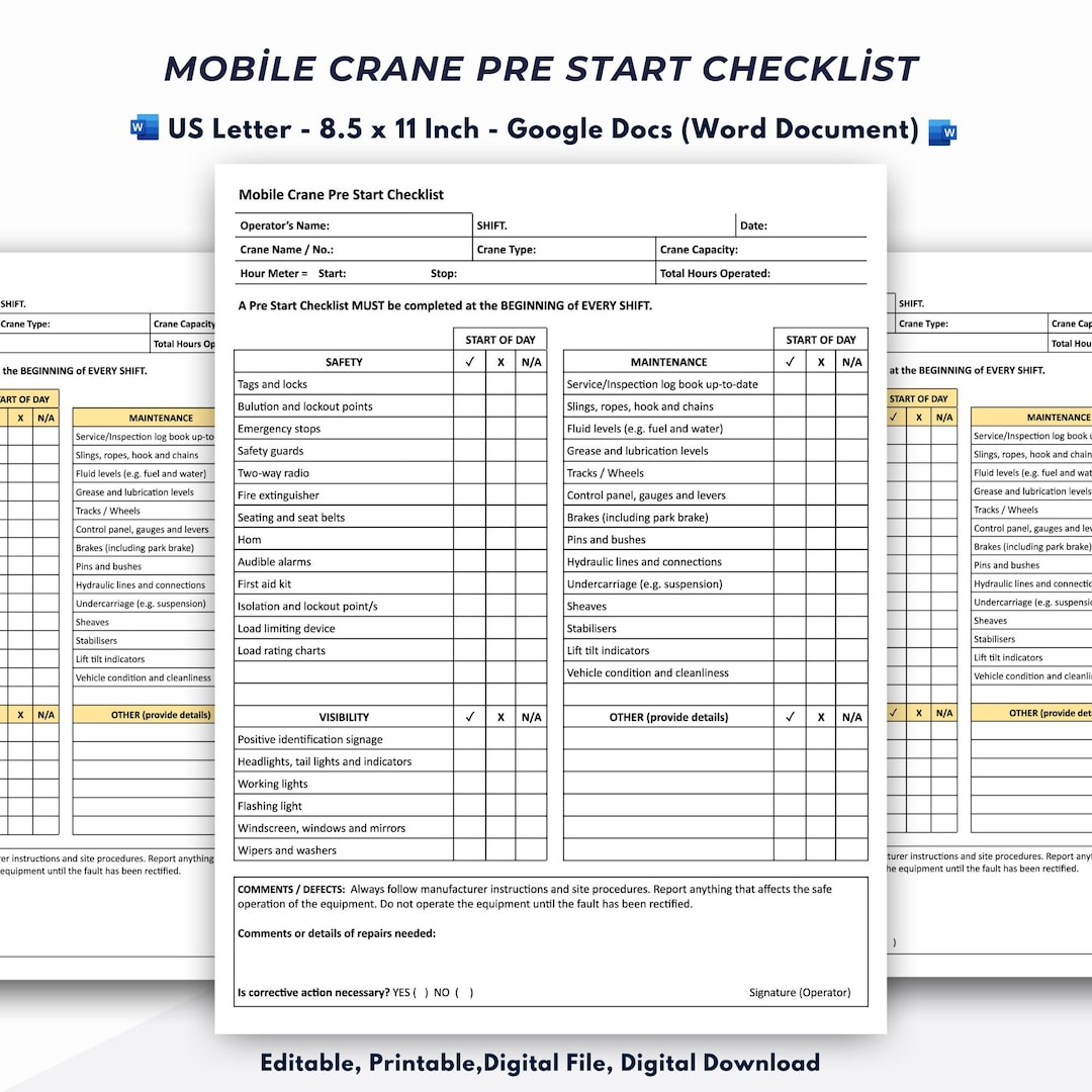 Mobile Crane Pre Start Checklist Template, Equipment Pre-start ...