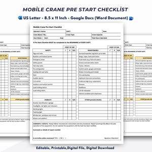 Mobile Crane Pre Start Checklist Template, Equipment Pre-start ...