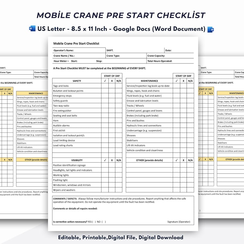 Mobile Crane Pre Start Checklist Template, Equipment Pre-start ...