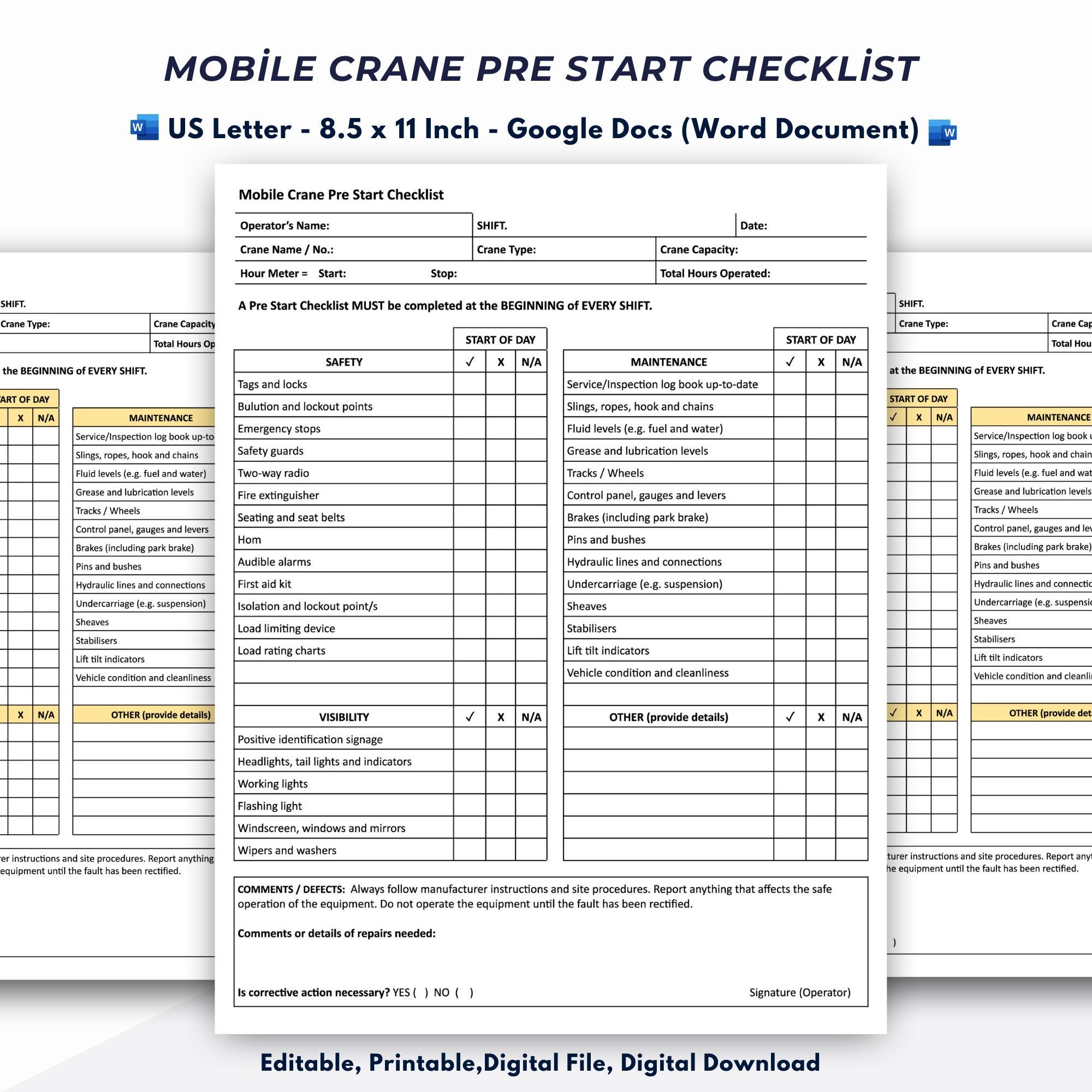 Mobile Crane Pre Start Checklist Template, Equipment Pre-start ...