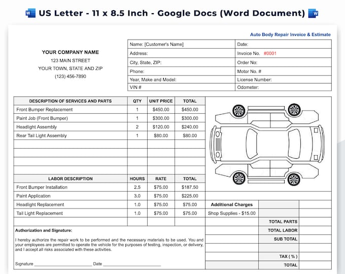 Auto Body Repair Invoice Template, Estimate and Invoice Form - Etsy