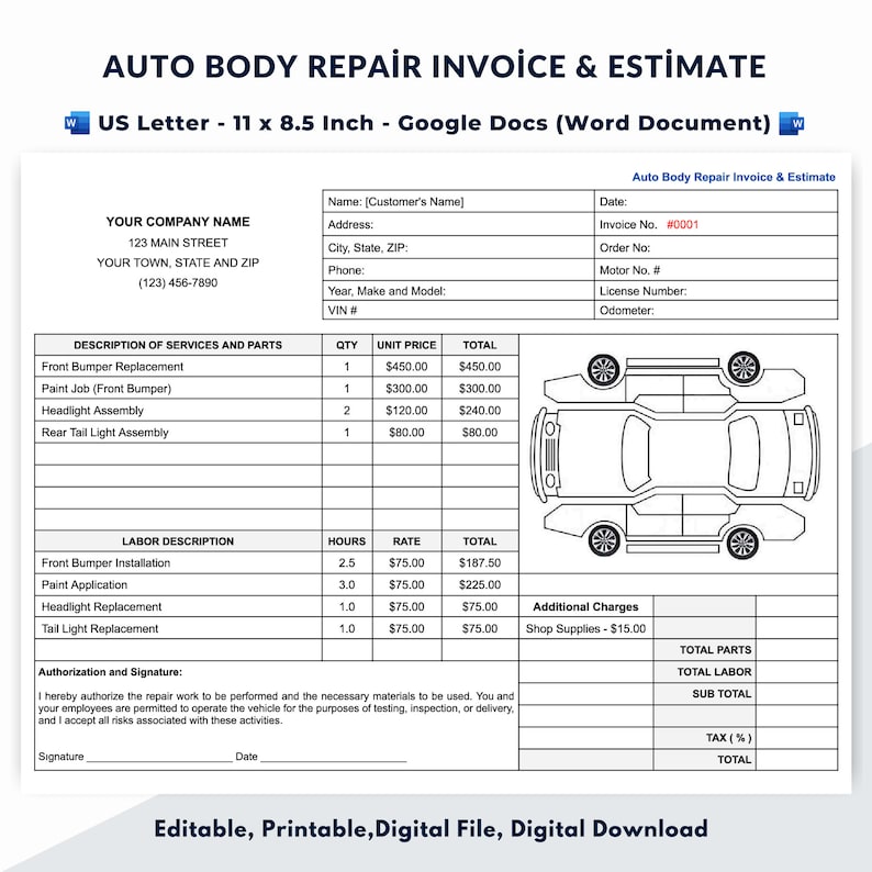 Auto Body Repair Invoice Template, Estimate and İnvoice Form - Etsy Canada
