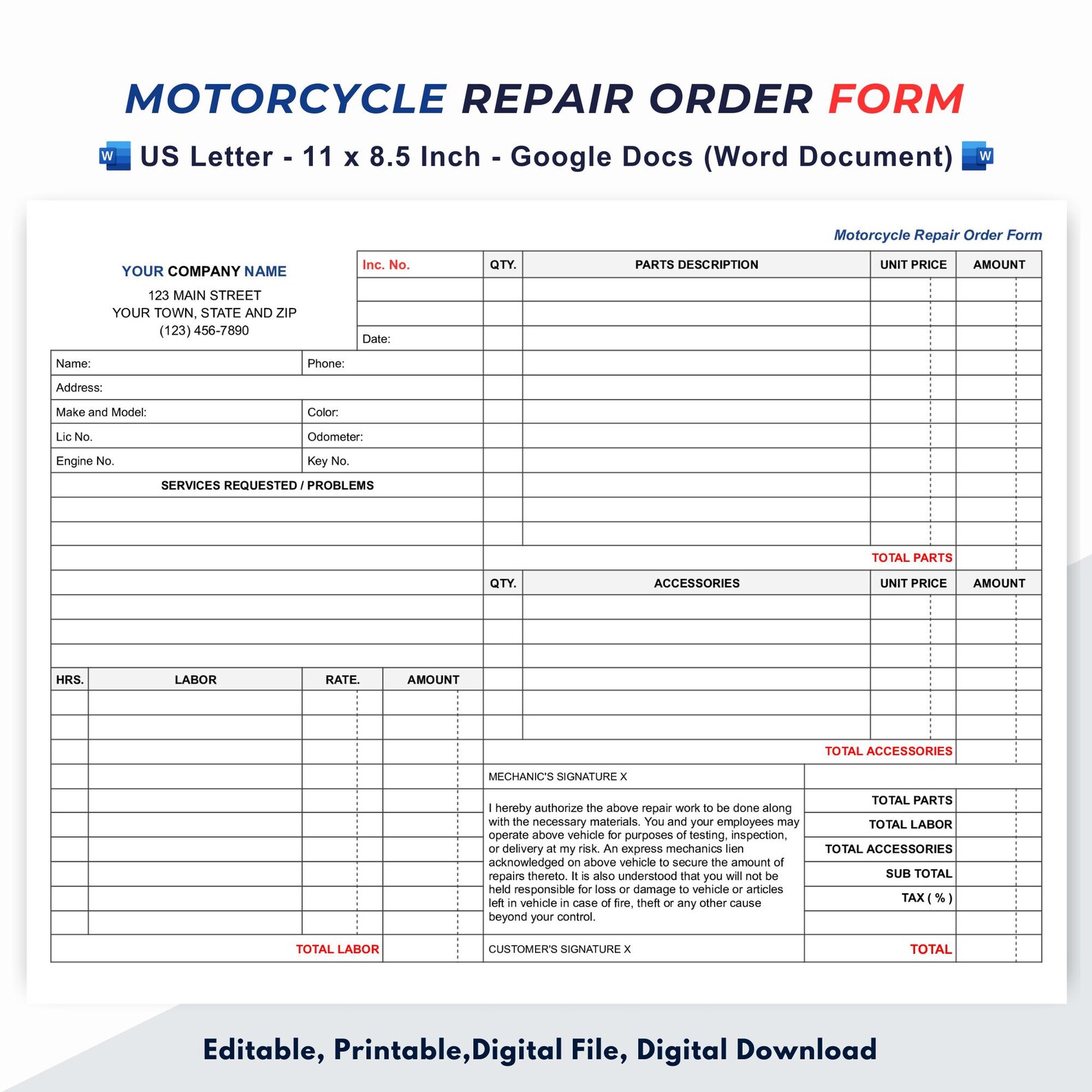 Motorcycle Repair Order Form Template (google Docs, US Letter) (digital ...