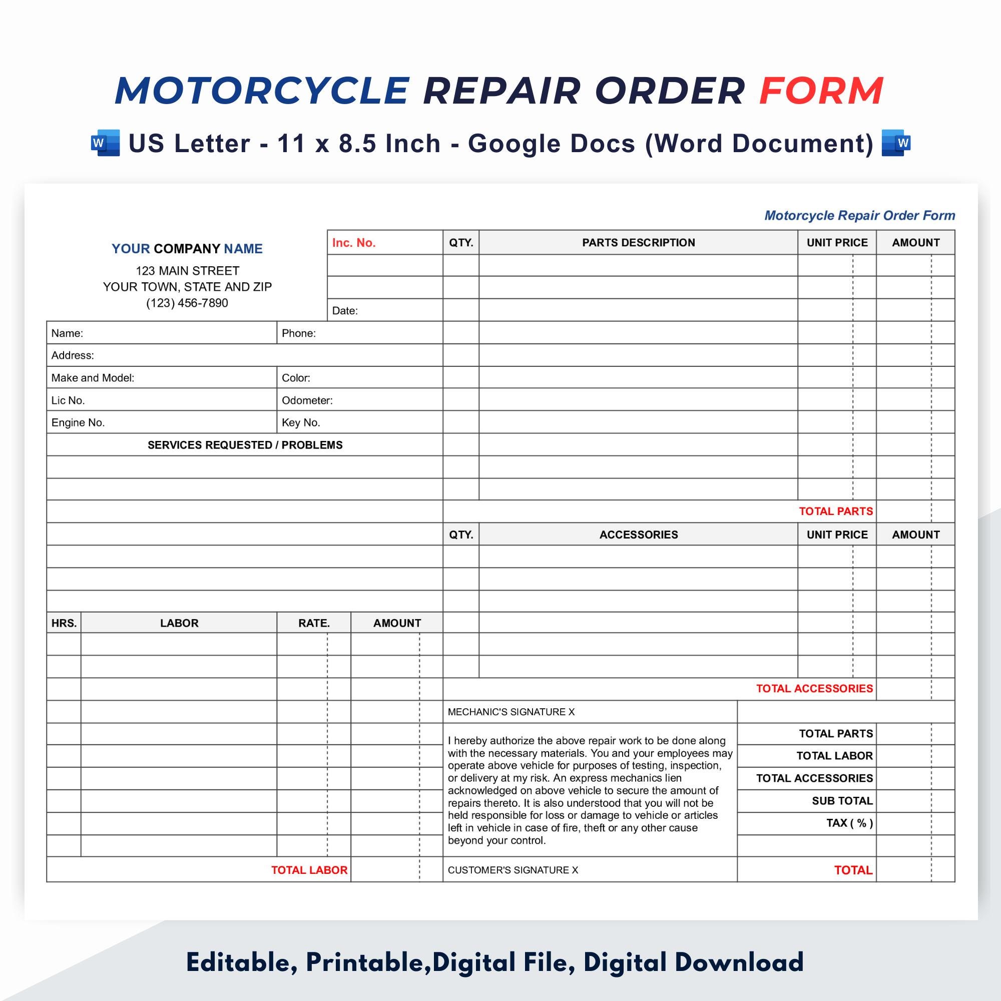 Motorcycle Repair Order Form, Motorcycle Repair Work Order Template - Etsy