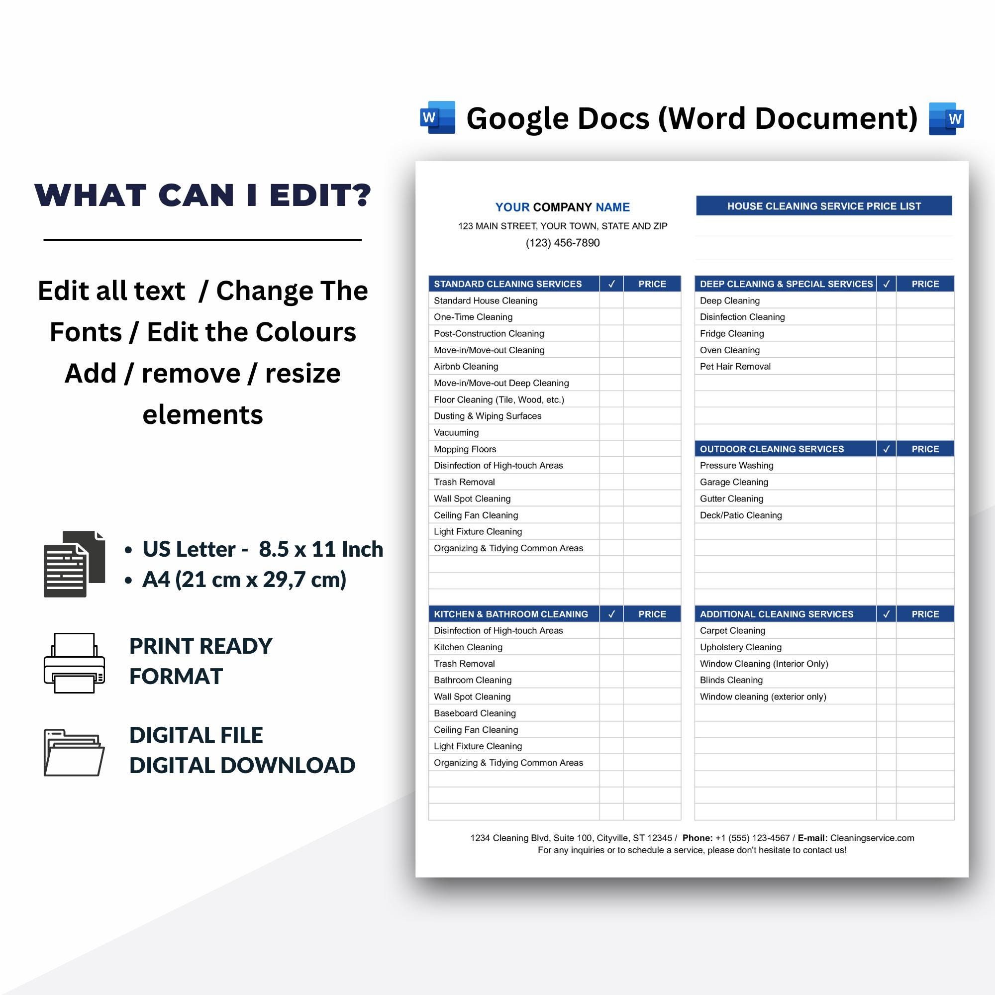House Cleaning Service Price List Template, Editable & Printable ...