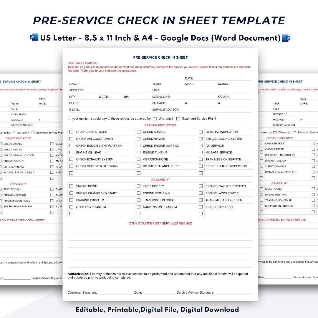 Auto Repair Check-in Sheet Template: Customer Service Record (digital ...