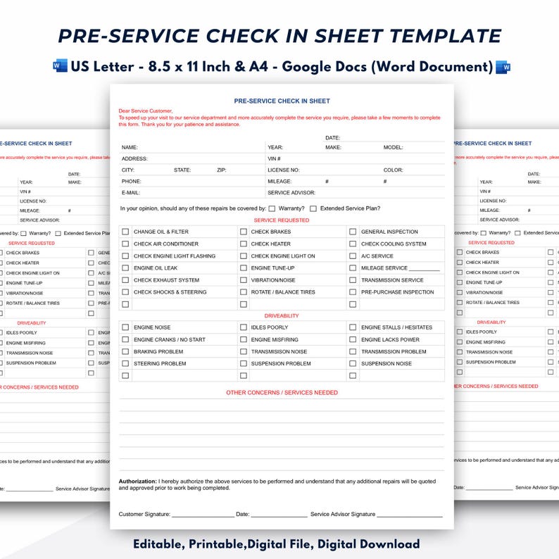 Auto Repair Check-in Sheet Template: Customer Service Record (digital ...