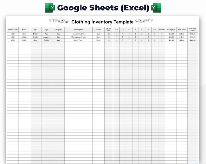 Clothing Inventory Template, Google Sheets (excel) Template - Etsy