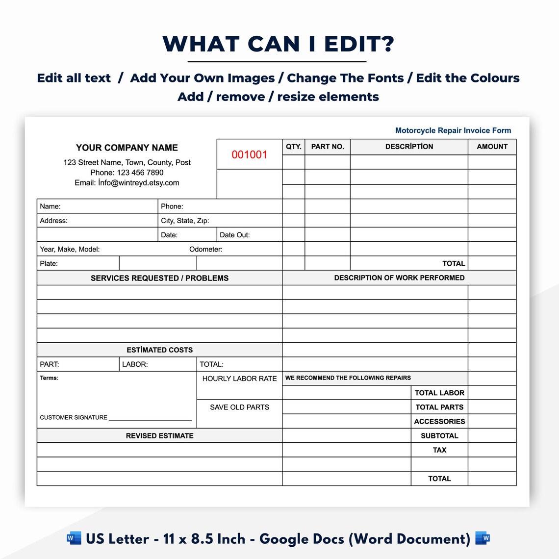 Motorcycle Repair Invoice Template, Repair Estimate Form - Etsy