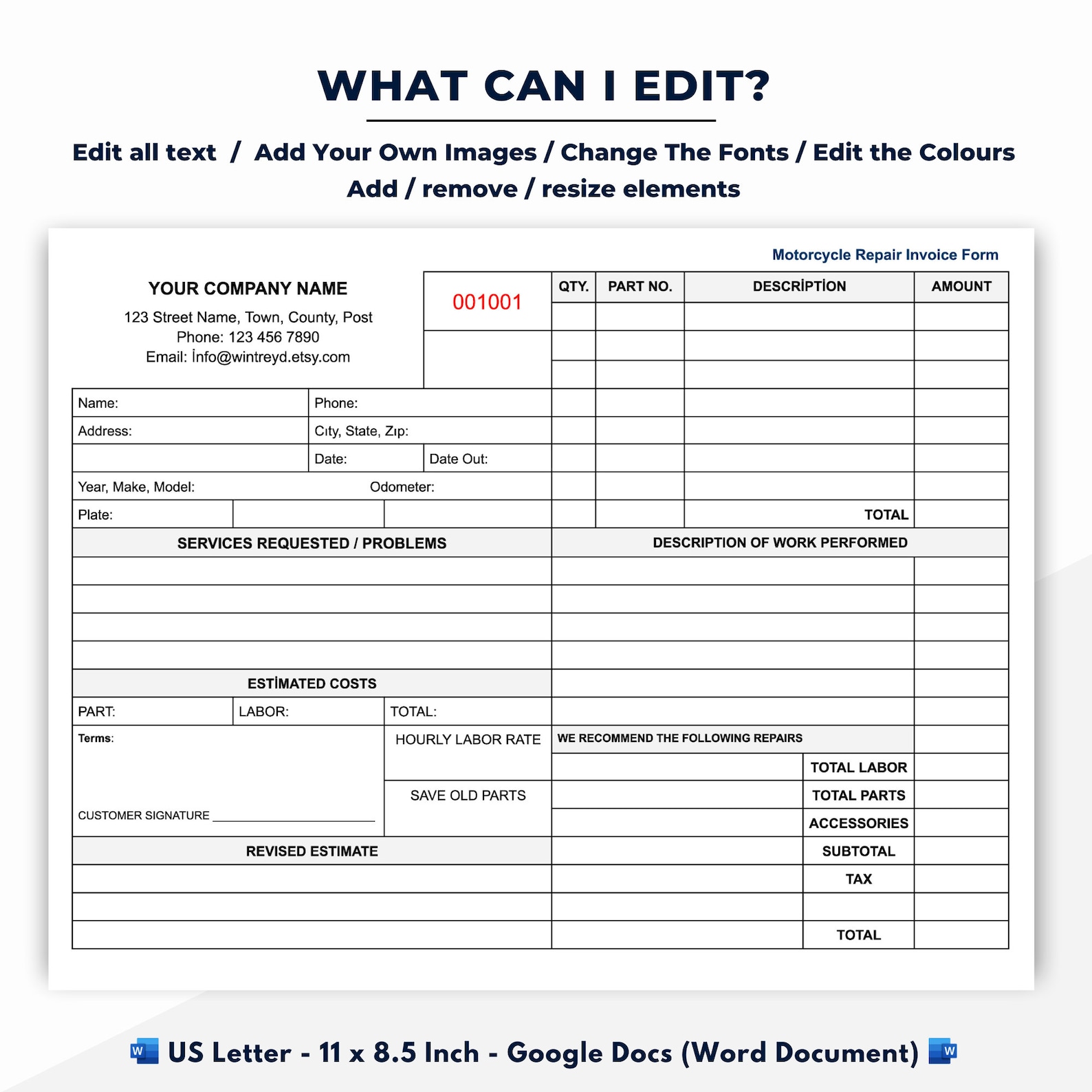 Motorcycle Repair Invoice Template, Repair Estimate Form - Etsy