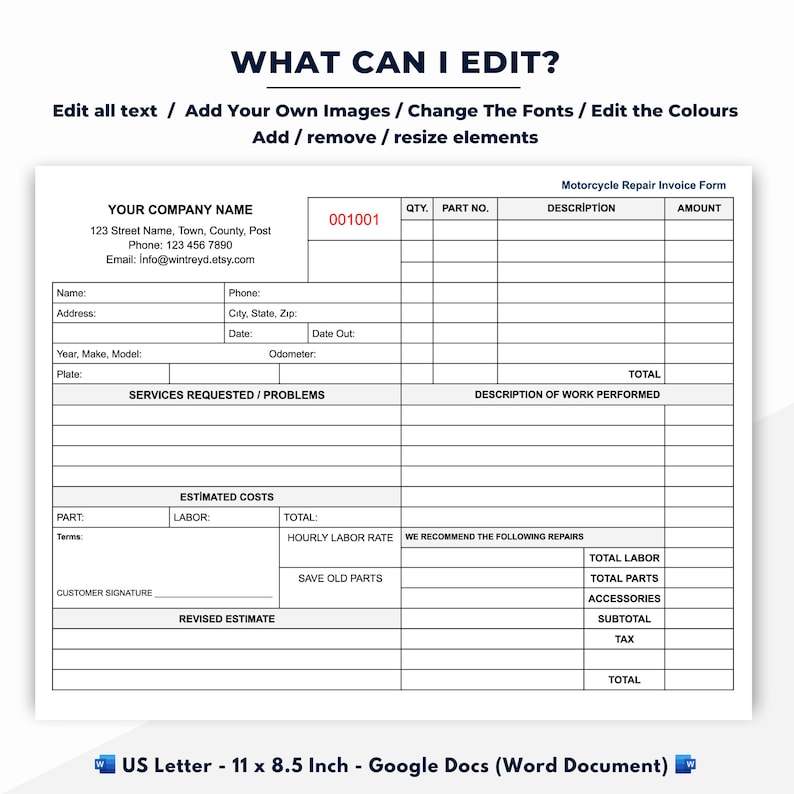 Motorcycle Repair Invoice Template, Repair Estimate Form - Etsy