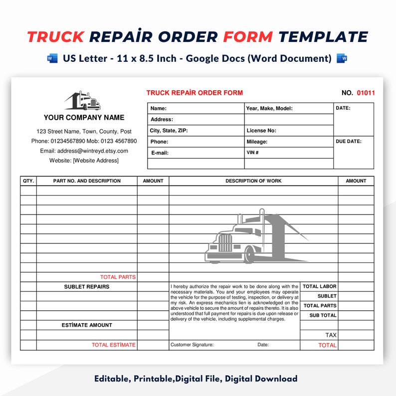 Truck Repair Order Form, Truck Repair Invoice Template, Google Docs ...