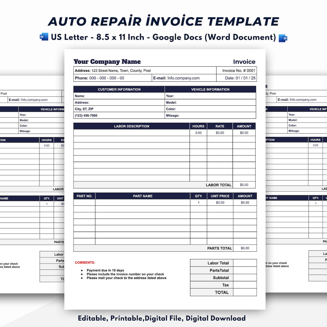Auto Repair Invoice, Automotive Service Invoice Template - Etsy