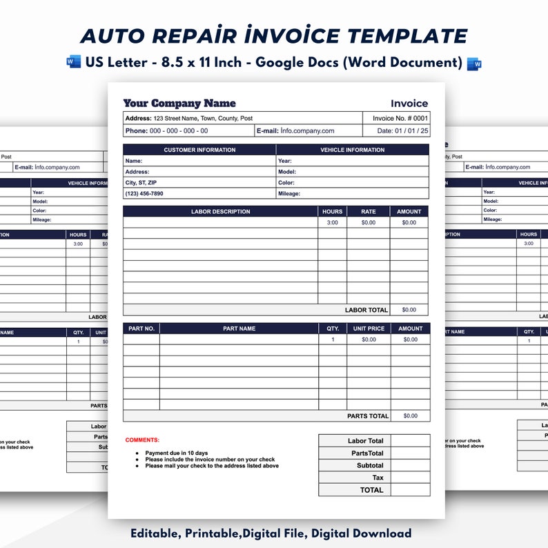 Auto Repair Invoice, Automotive Service Invoice Template, Google Docs ...