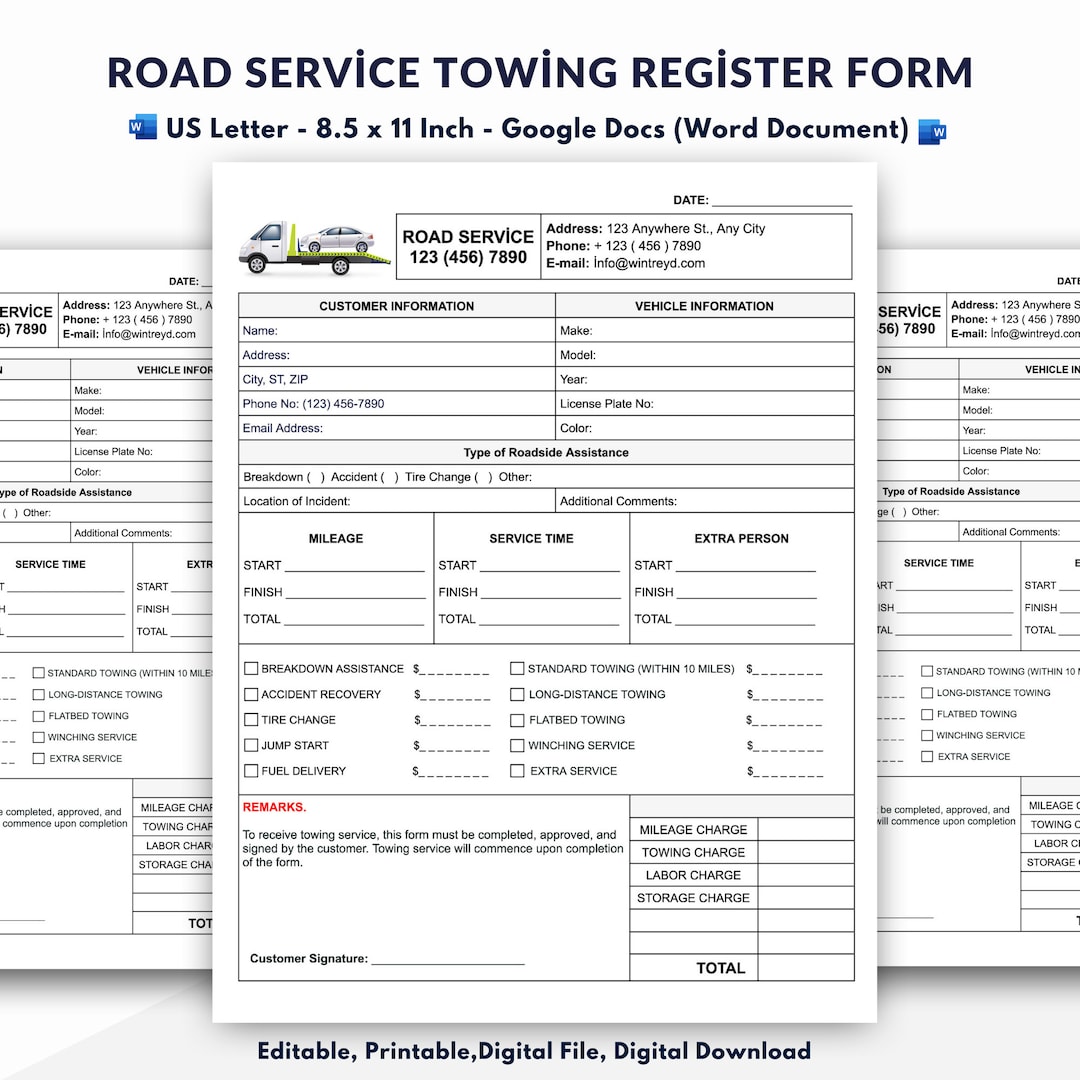 Road Service Towing Register Form Template (google Docs, US Letter ...