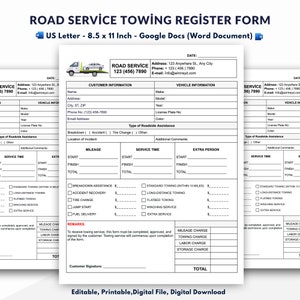 Road Service Towing Register Form Template (google Docs, US Letter ...