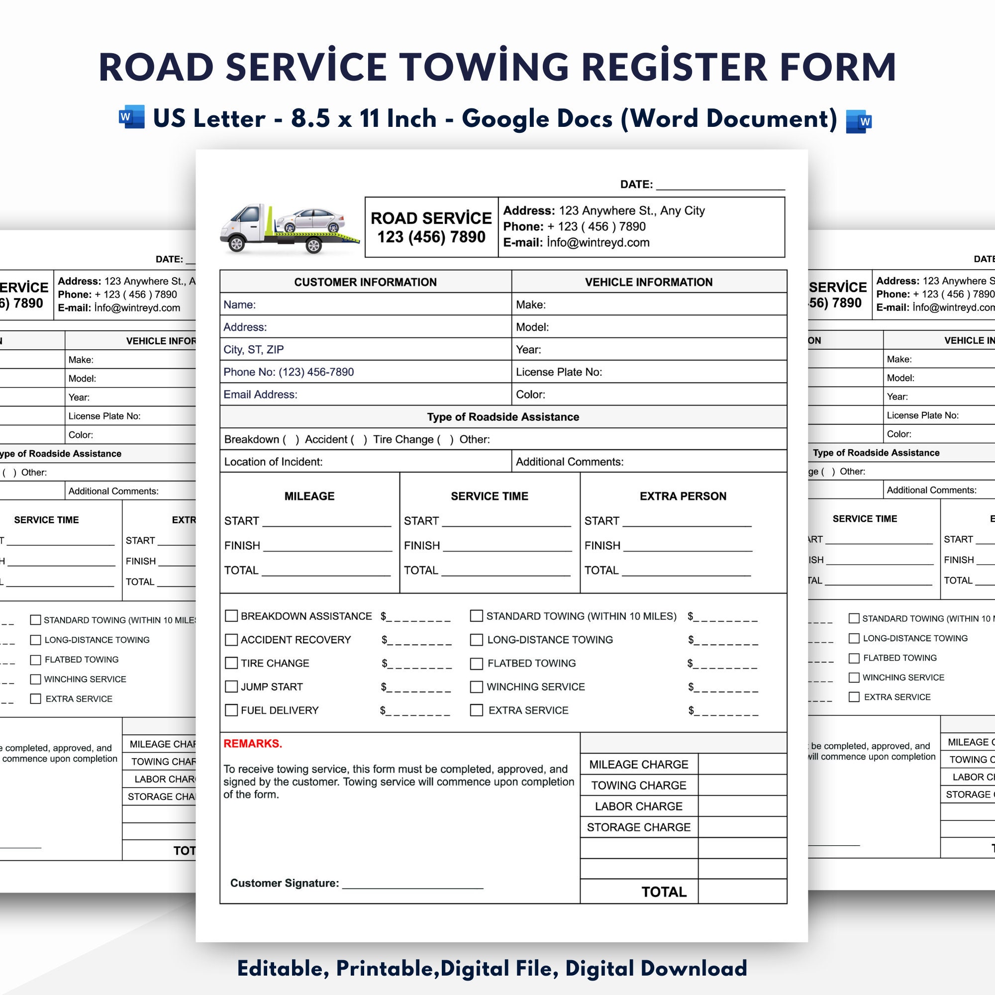 Road Service Towing Register Form Template (google Docs, US Letter ...