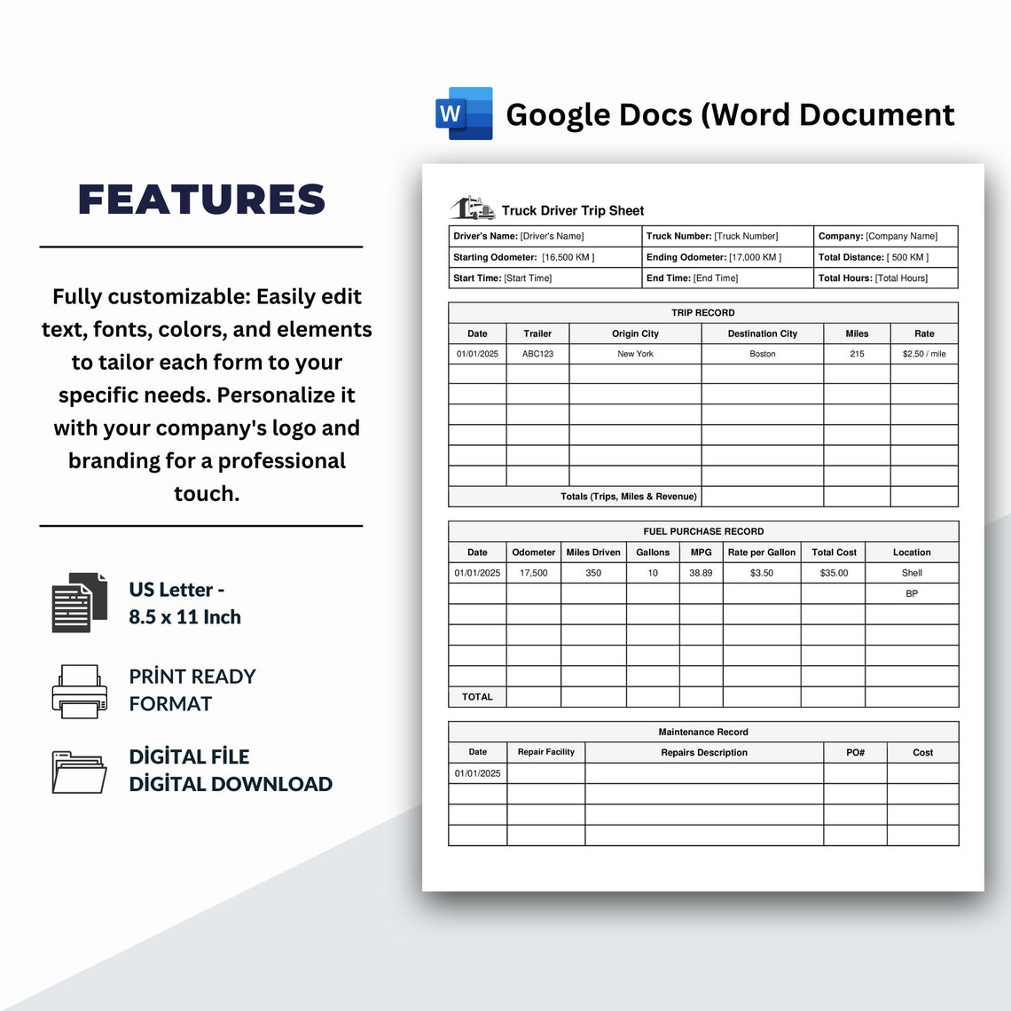 Truck Driver Trip Sheet Template, Google Docs (word Document), Digital ...
