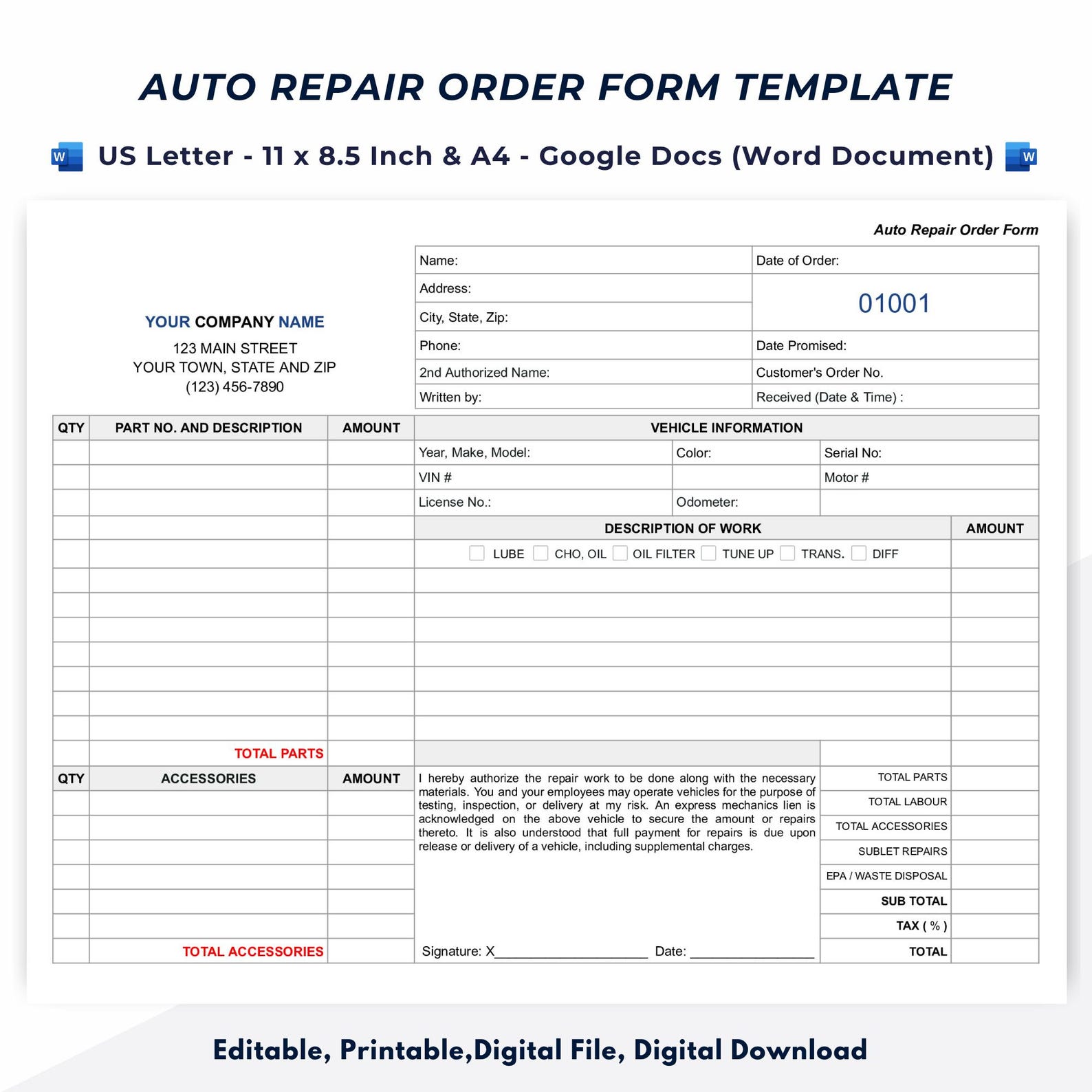 Auto Repair Order Form Template, Mechanic Shop Document - Etsy