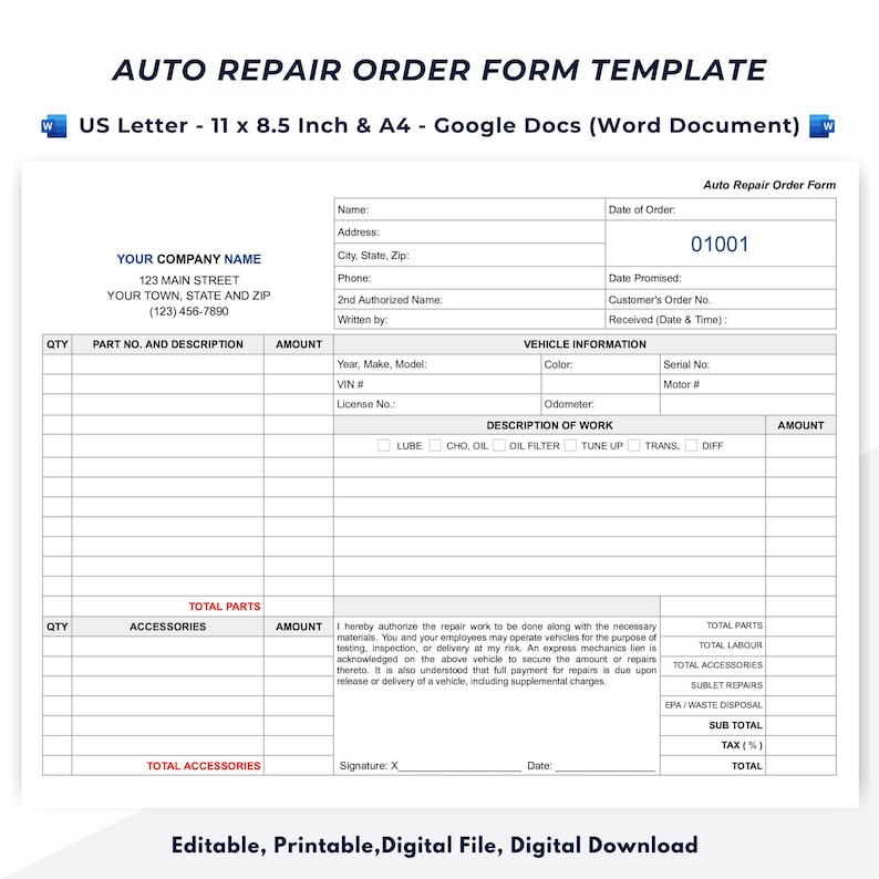 Auto Repair Order Form Template, Mechanic Shop Document - Etsy