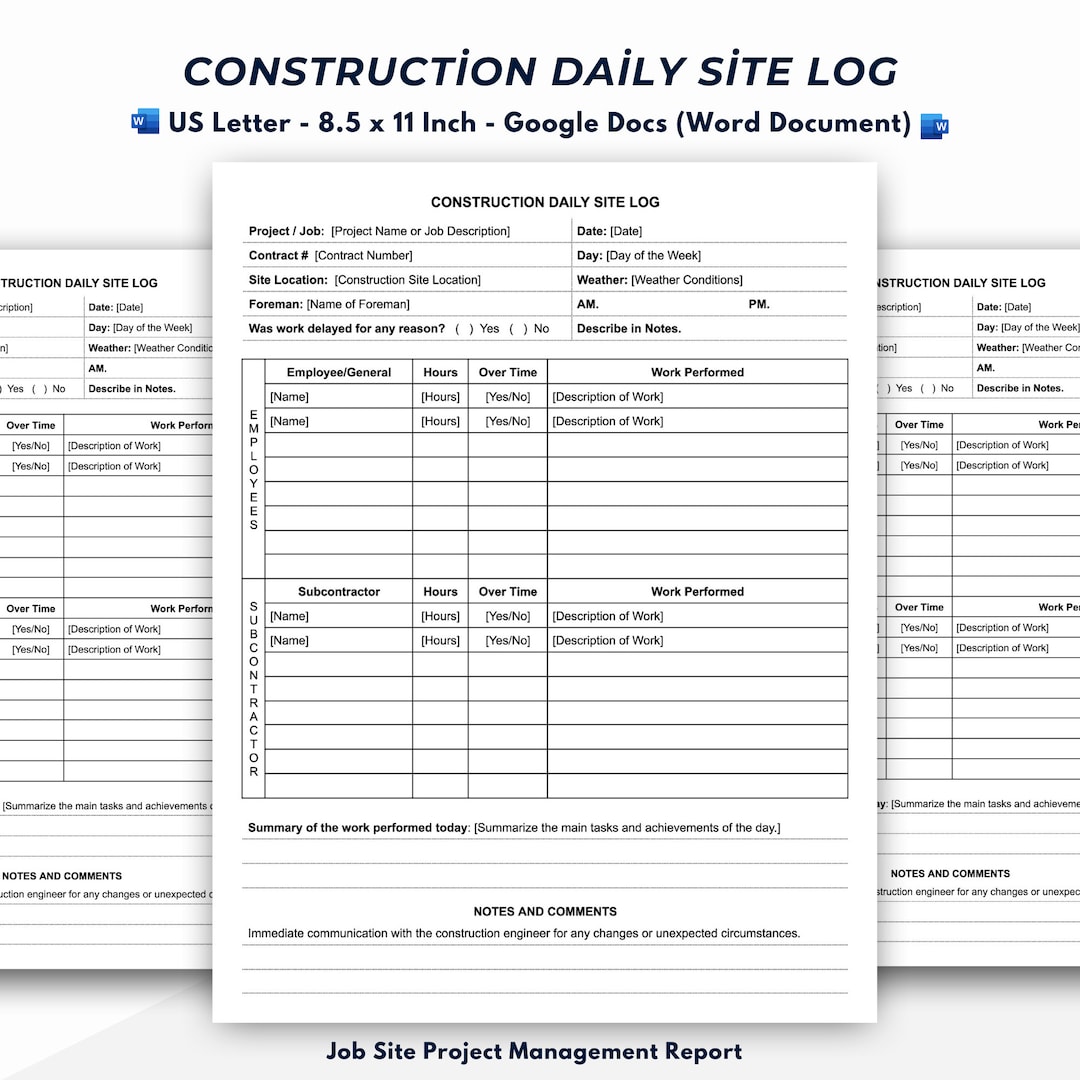 Construction Daily Site Log, Job Site Project Management Report ...