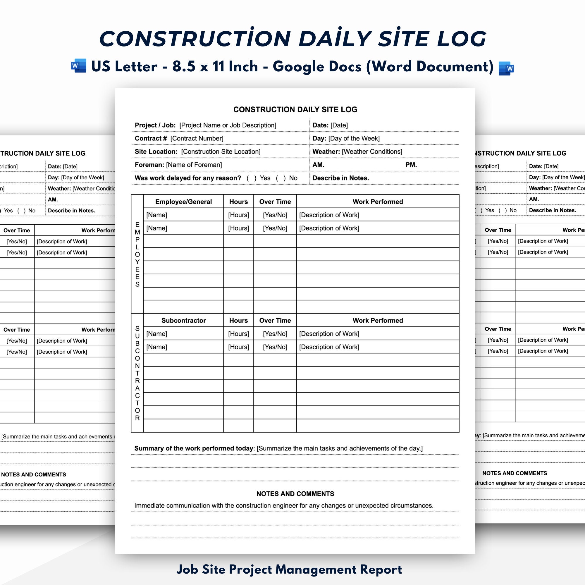 Construction Daily Site Log, Job Site Project Management Report ...