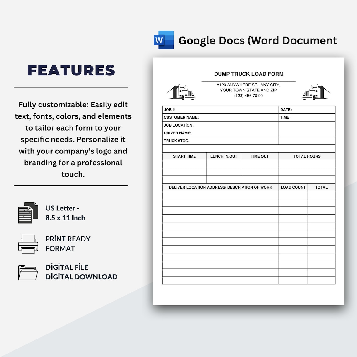 Dump Truck Load Form Template - Digital Download - Etsy