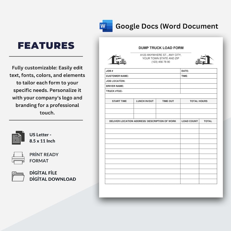 Dump Truck Load Form Template - Digital Download - Etsy