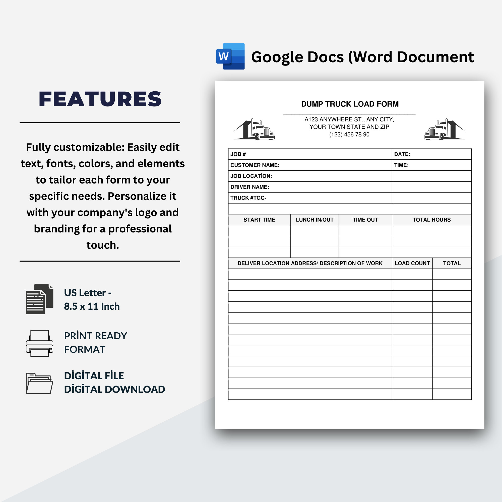 Dump Truck Load Form Template - Digital Download - Etsy