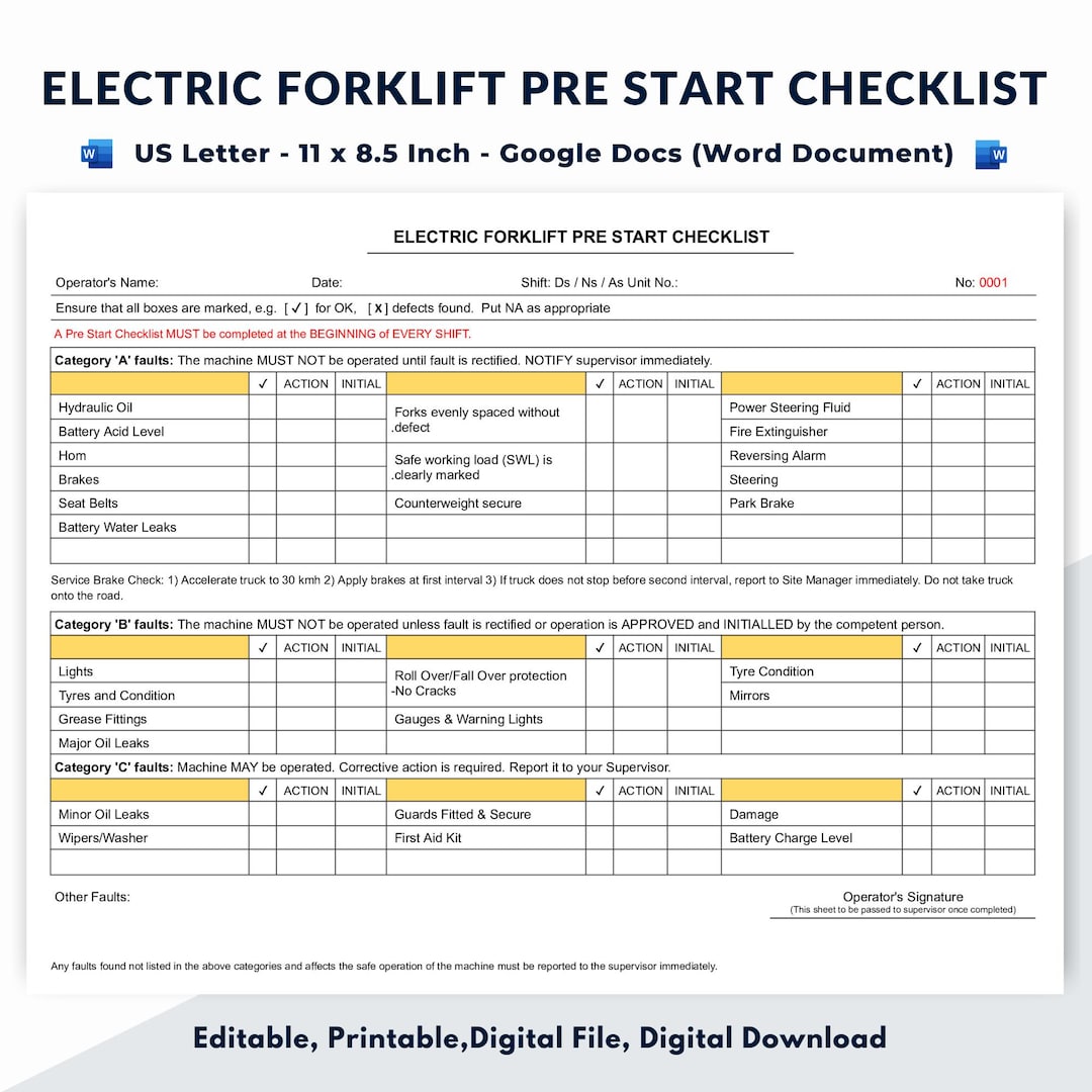 Electric Forklift Pre-start Checklist Template, Forklift Pre-start ...