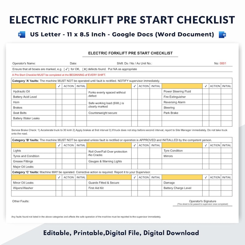 Electric Forklift Pre-start Checklist Template, Forklift Pre-start ...