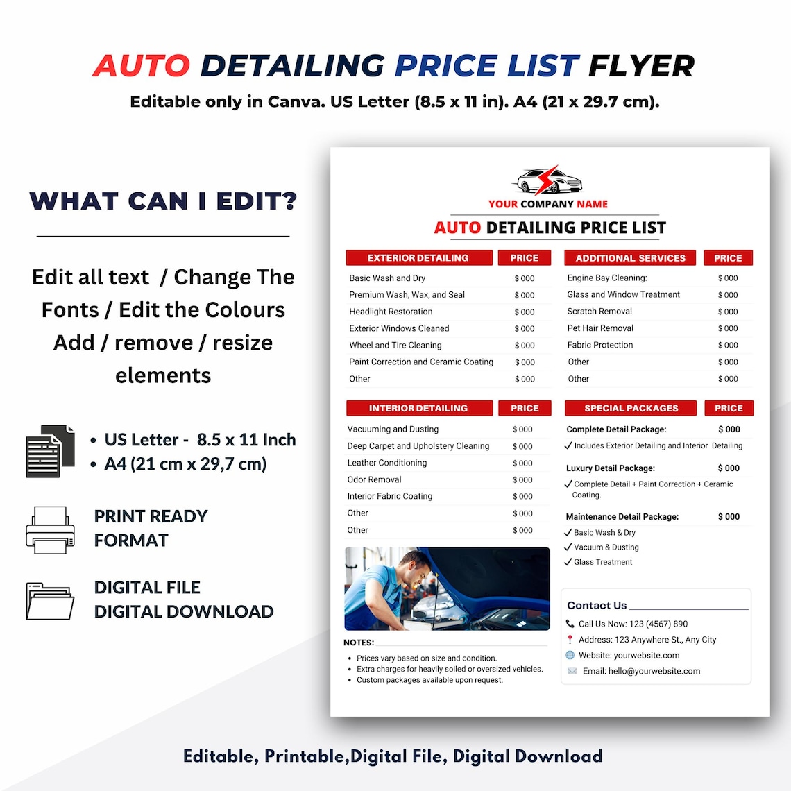 Auto Detailing Price List Flyer, Mobile Car Service Template - Etsy