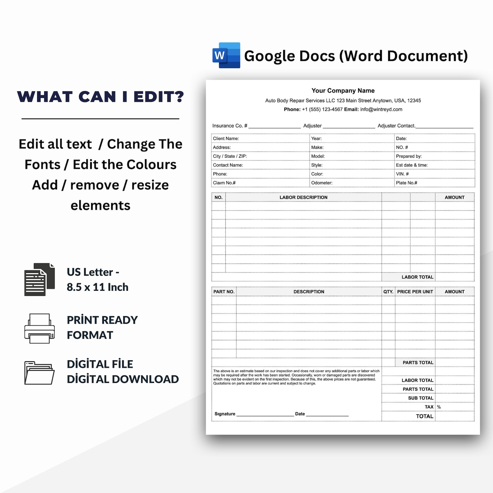 Auto Body Repair Estimate Template, Google Docs (word Document) - Etsy