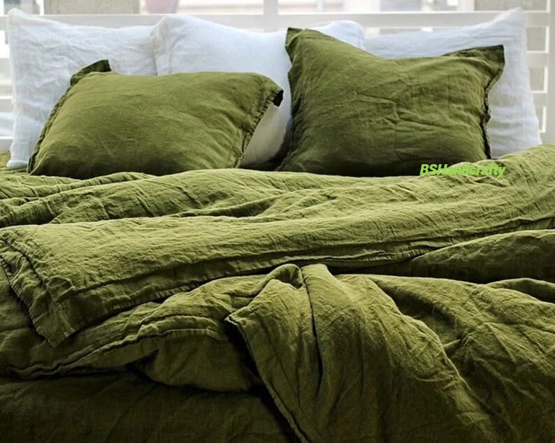 Linen Duvet Cover, Moss Green Linen Bedding, Stonewashed Natural Quilt ...