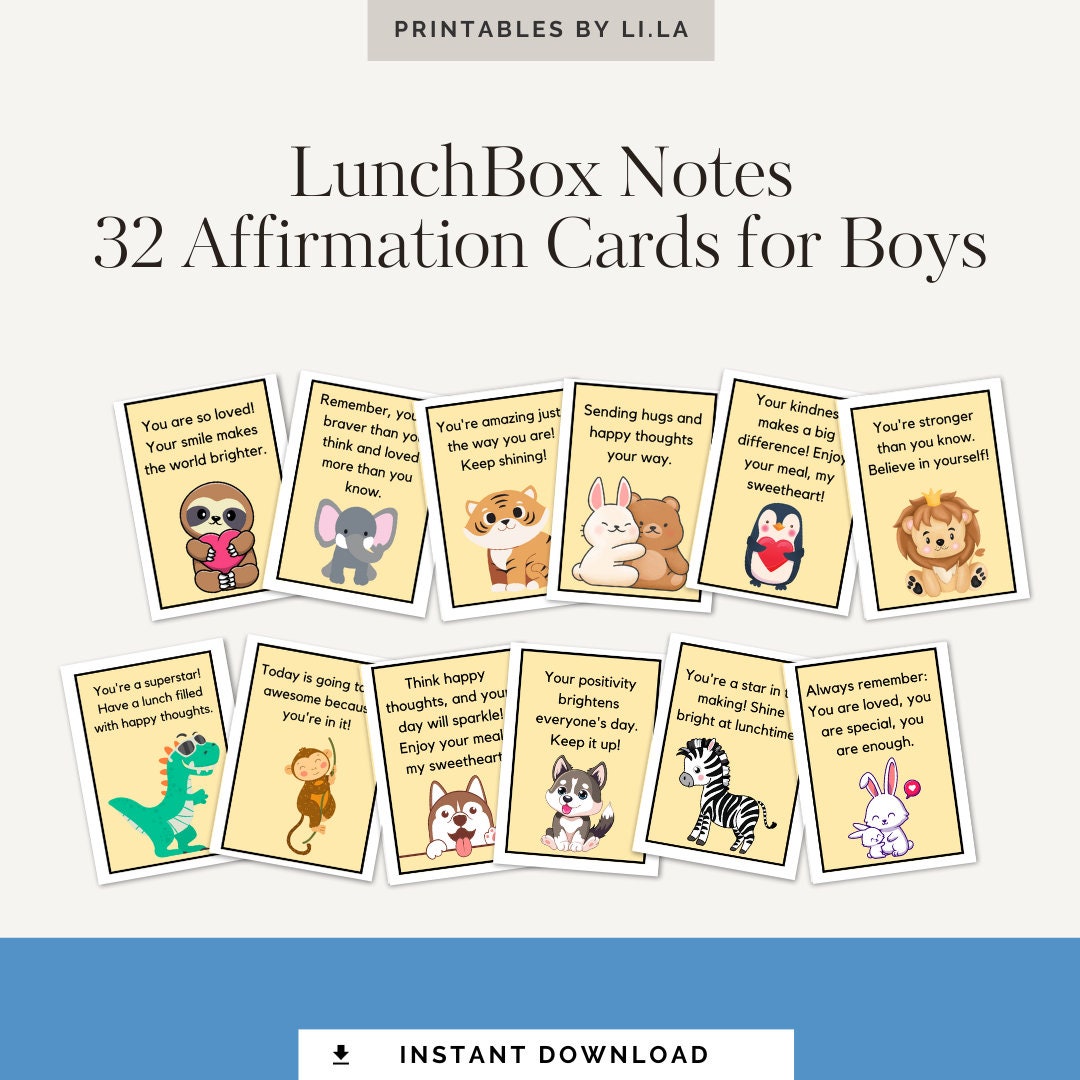 32 Printable Affirmation Cards for BOYS' Lunchbox Motivation Cards ...