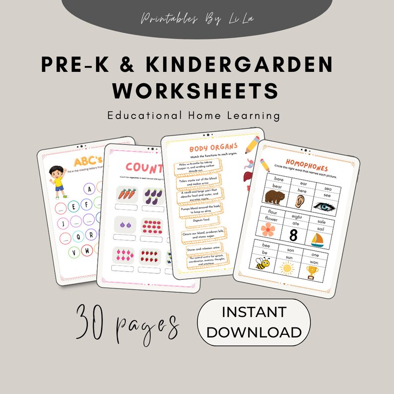 Pre-k + Kindergarden Printable Worksheets for Kids 30 Pages ...
