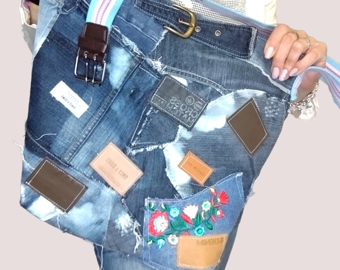 Recycled Denim Tote Bag//large Bucket Shoulder Bag//everyday Shopping ...