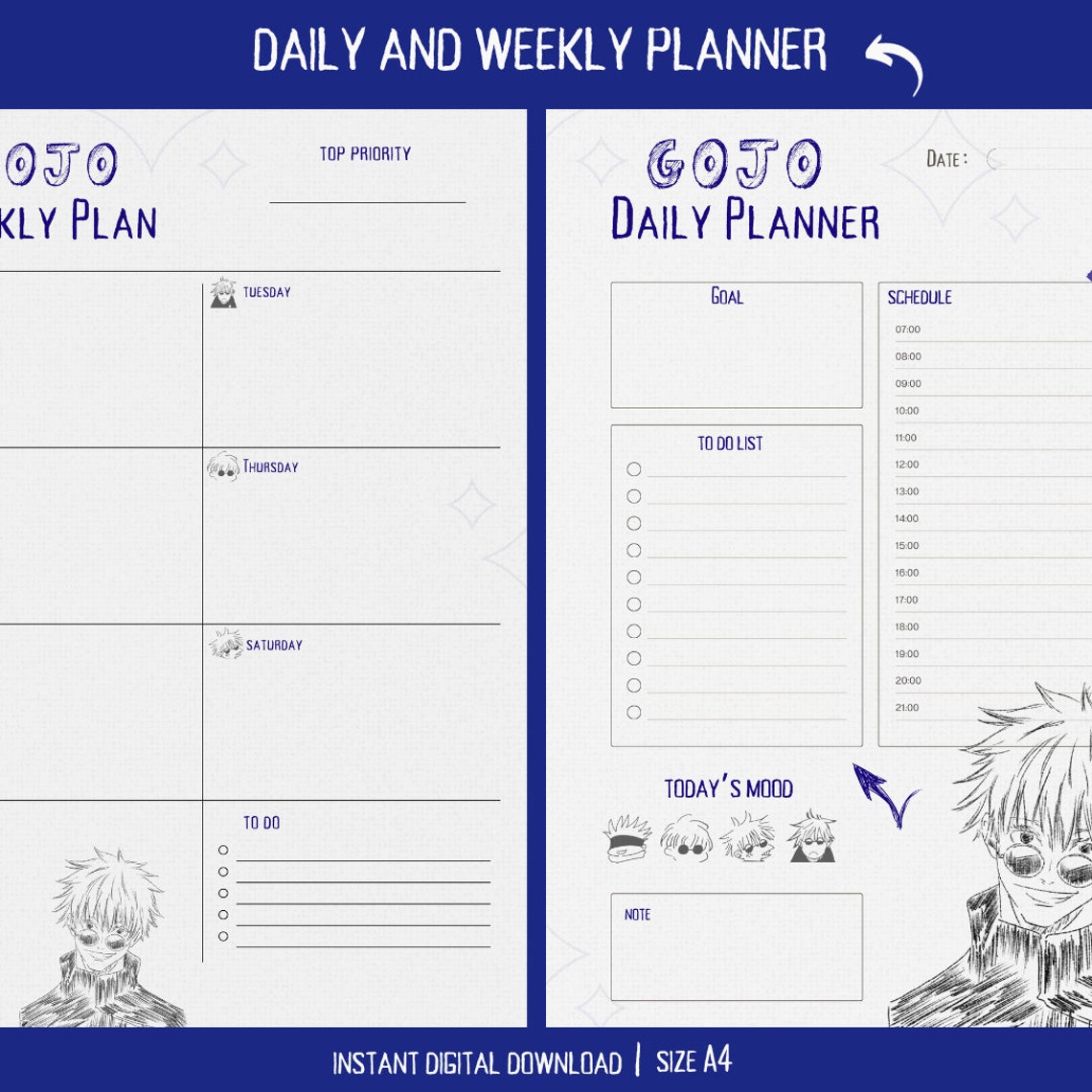 Anime Gojo Daily Planner Weekly Planner Printable Stationery Instant ...
