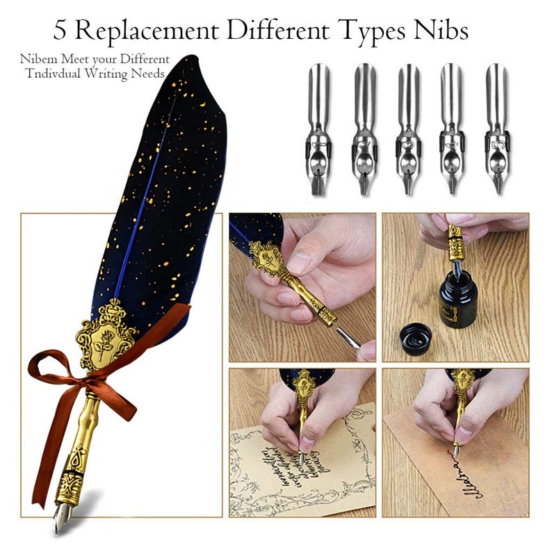 Quill Pen and Ink Set, Calligraphy Feather Pen With Wax Seal Stamp ...