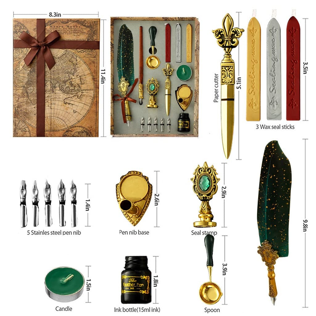 Quill Pen and Ink Set, Calligraphy Feather Pen With Wax Seal Stamp ...