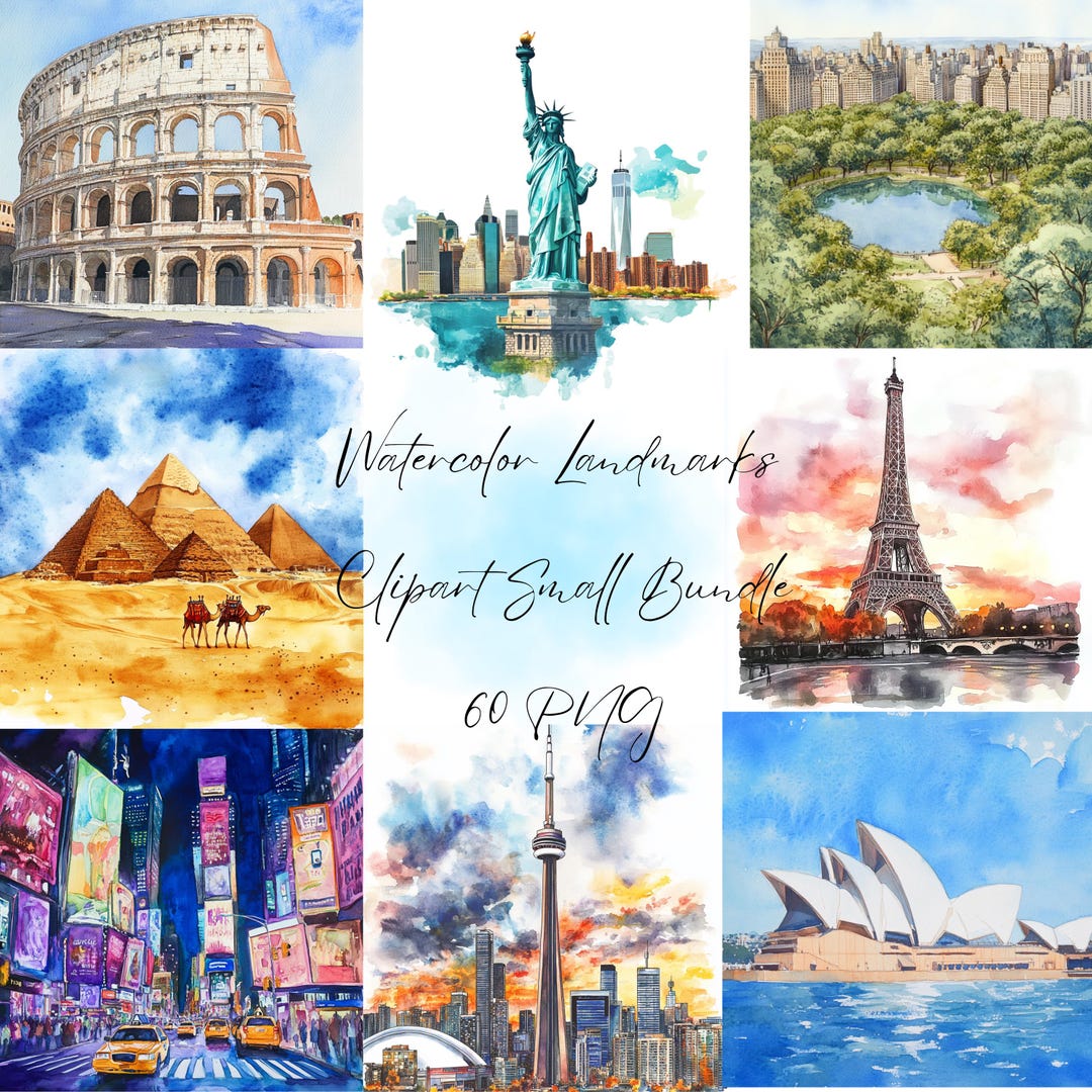 Watercolor Popular Landmarks Clipart Bundle, World Travel Clipart ...